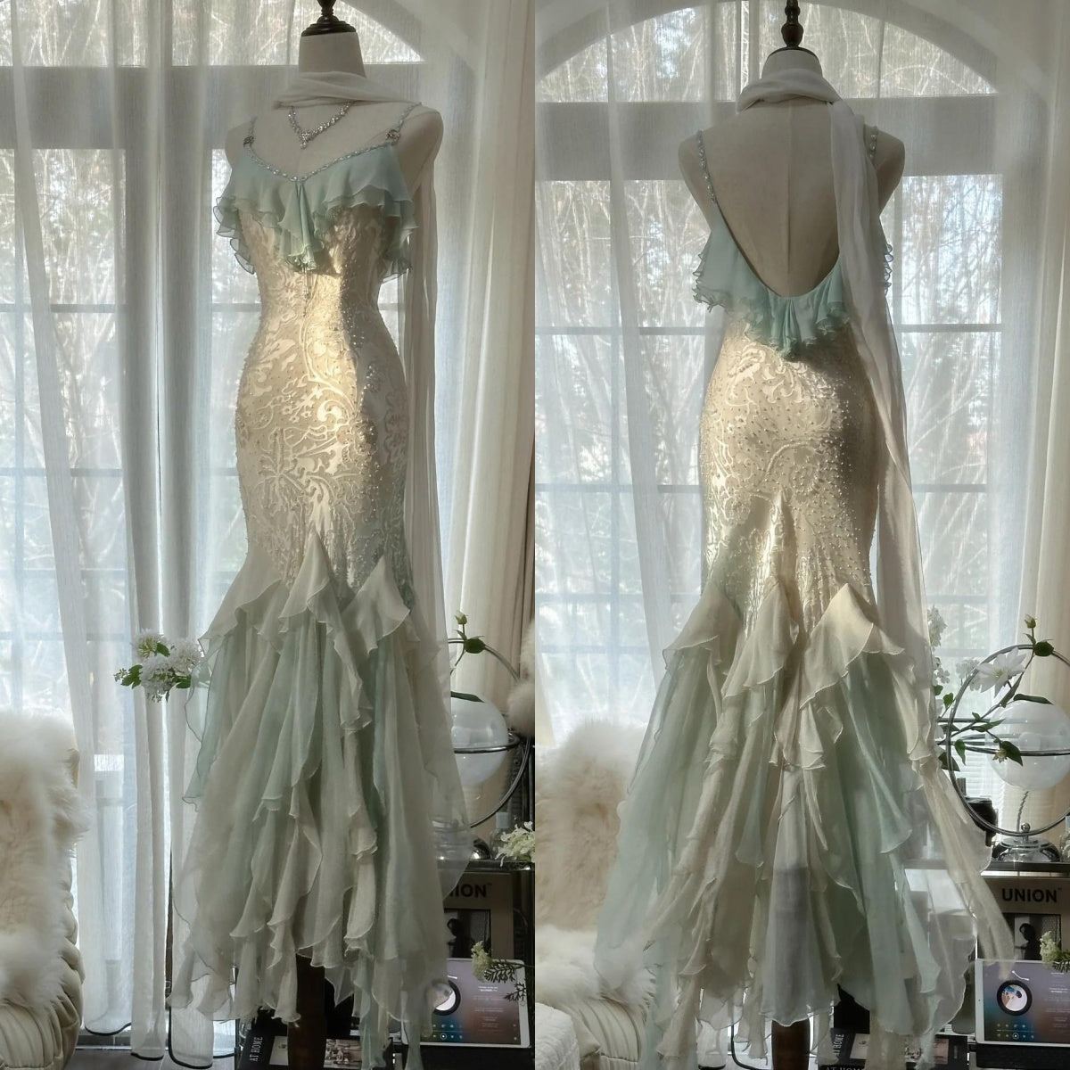 Romantic Vintage Mint Green Chiffon Mermaid Beaded Long Prom Dresses R ...