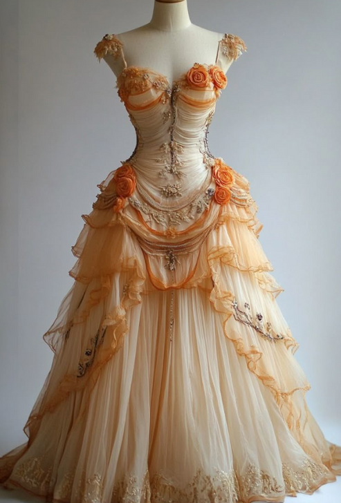 Gorgeous Ball Gown Orange Long Prom Dress, Straps Chiffon Pleated Birt ...