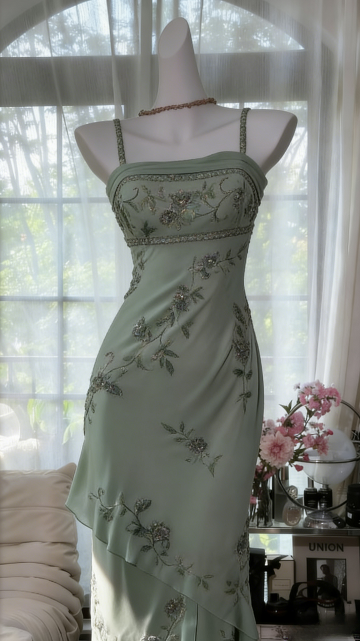 Vintage Spaghetti Straps Sheath Long Prom Dresses Chiffon Beaded Green ...